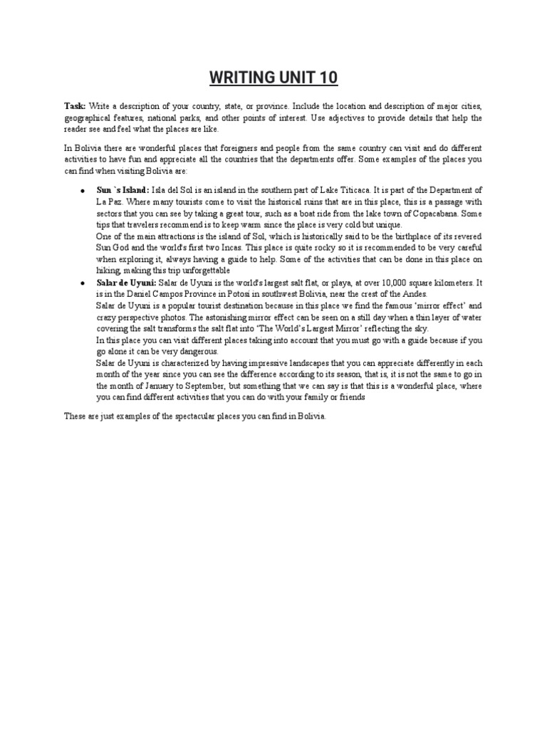 Writing Unit 10 | PDF | Bolivia | Nature