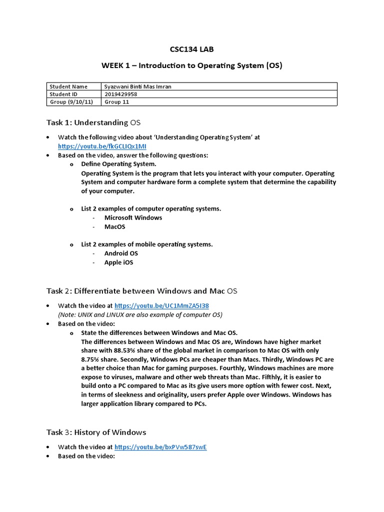 Csc134 Lab WEEK 1 - Introduction To Operating System (OS) | PDF | Operating System | Mac Os