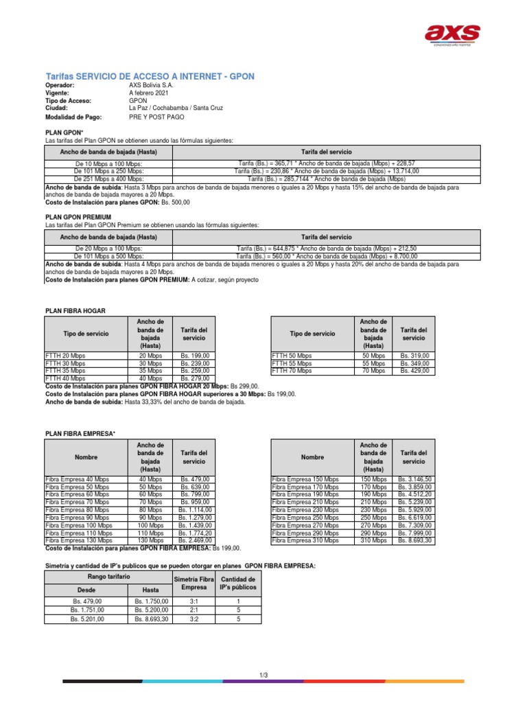 Tarifas Internet GPON AXS Bolivia 2021 | PDF | Telecomunicaciones ...