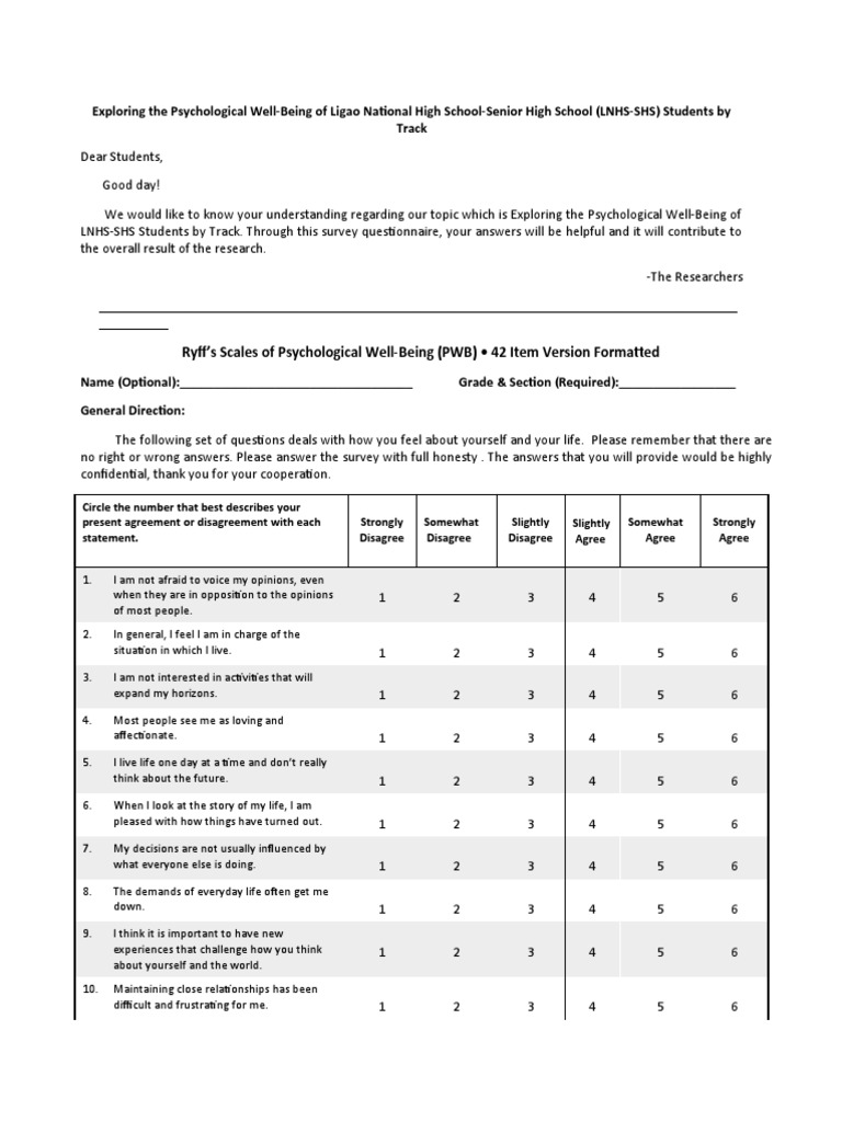 Psychological Well-Being Survey for Students | PDF | Well Being | Human ...