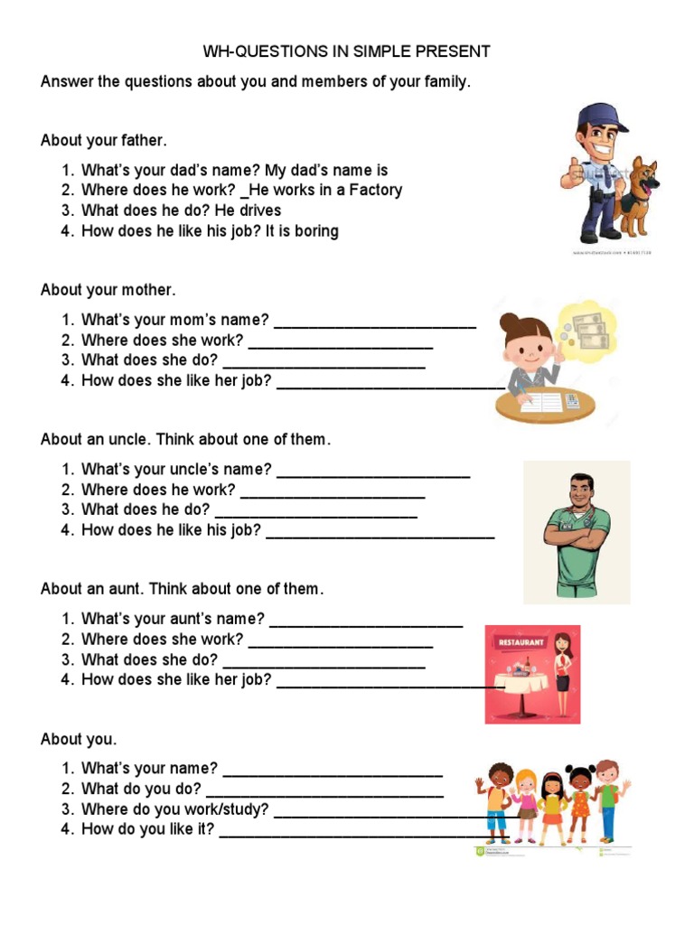 WH Questions in Simple Present Related To Jobs Grammar Drills - 114596 ...