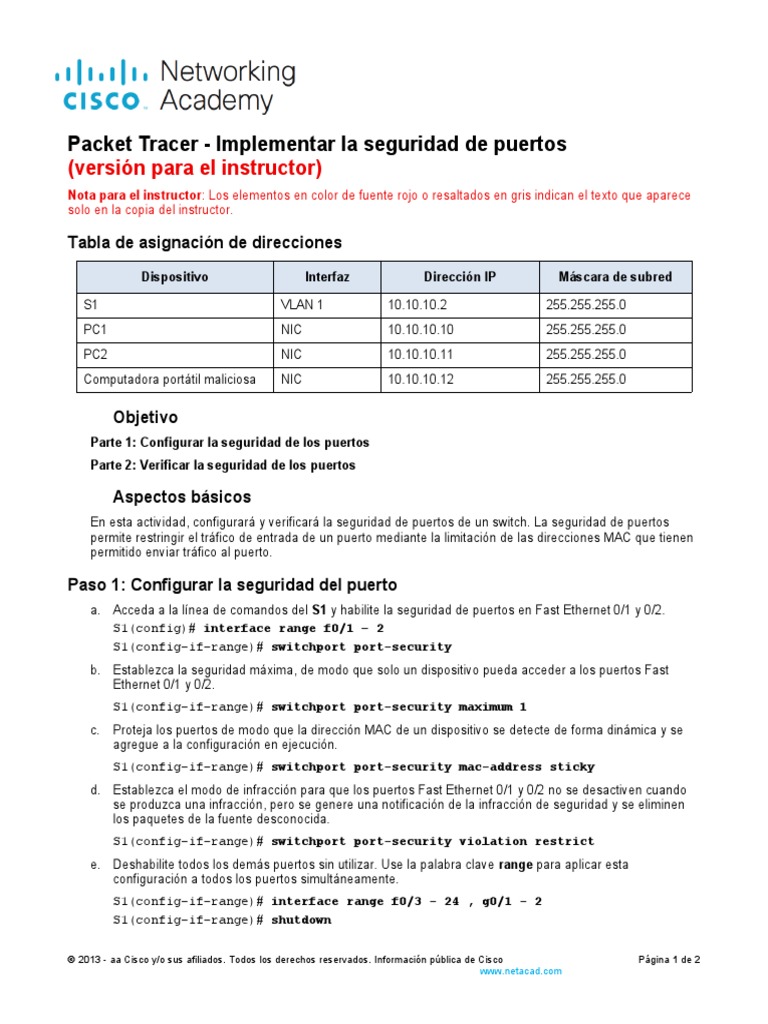 11.1.10 Packet Tracer - Implement Port Security - ILM | PDF | Controlador de interfaz de red ...