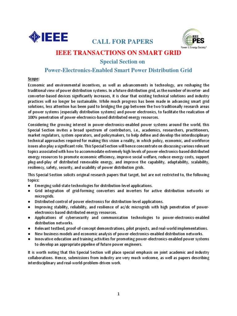 Ieee Transactions On Smart Grid Call For Papers Pdf Electrical