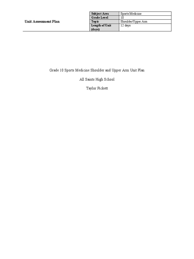 Grade 10 Sports Medicine Shoulder and Upper Arm Unit Plan | PDF ...