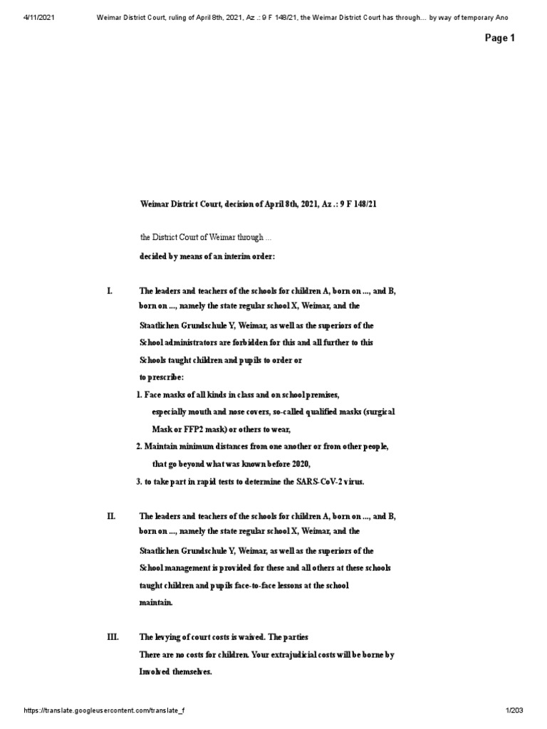 Weimar District Court, Ruling of April 8th, 2021 - English Translation ...