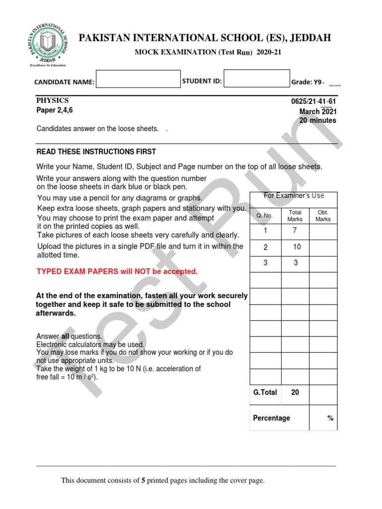 Mock Exam Instructions for Physics 2020-21 | PDF | Parachuting | Test ...