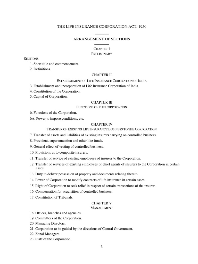 The Life Insurance Corporation Act, 1956 - Arrangement of Sections ...