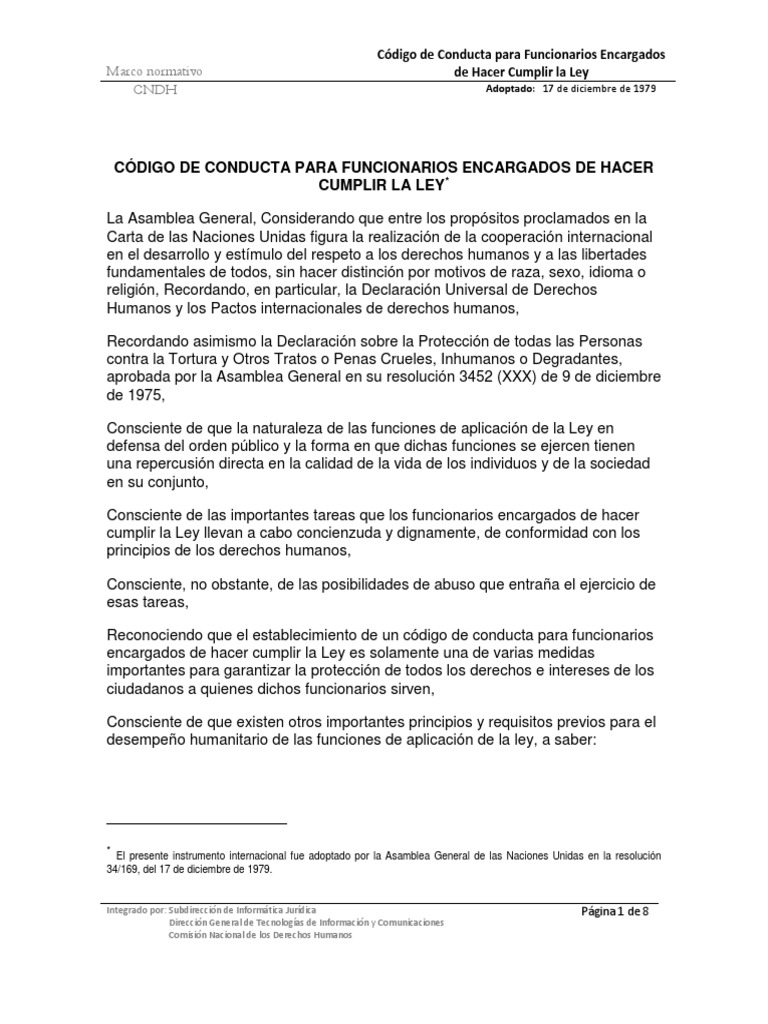 Codigo de Conducta para Funcionarios Encargados de Hacer Cumplir La Ley | PDF | Tortura ...