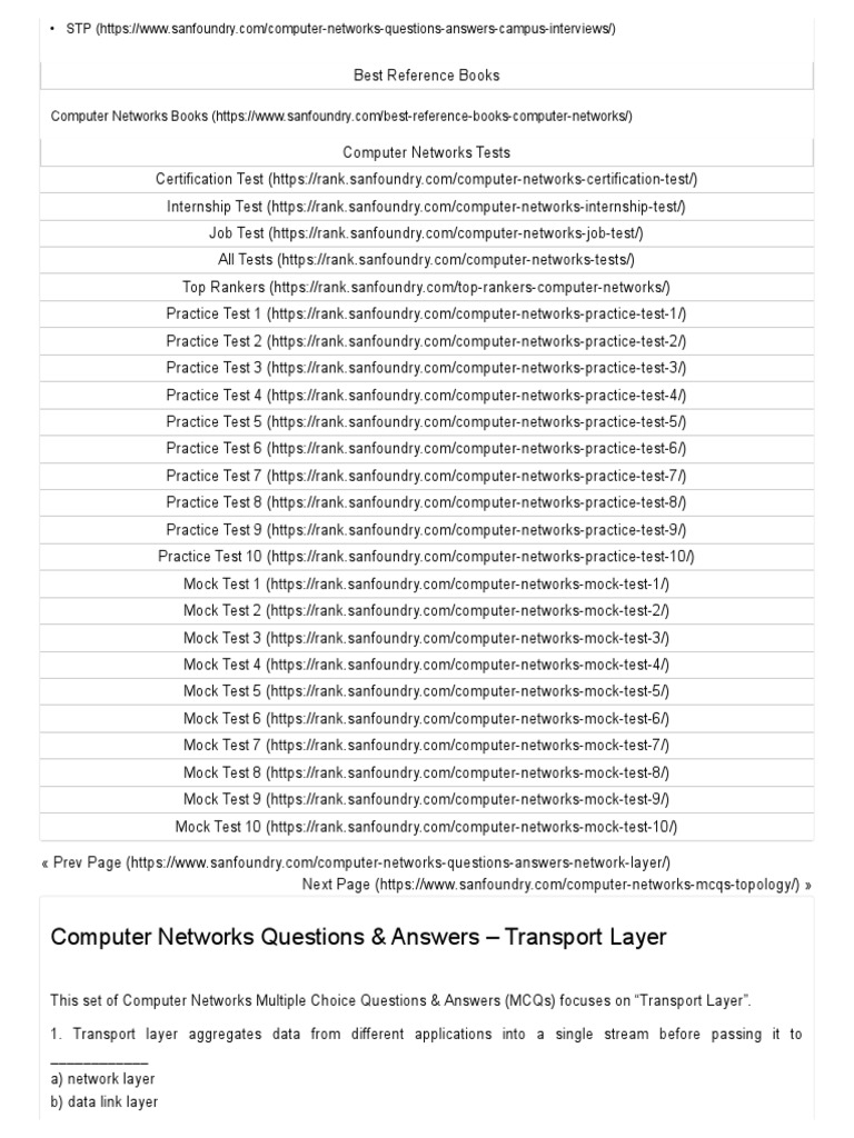 Transport Layer - Computer Networks Questions & Answers - Sanfoundry | PDF | Transmission ...