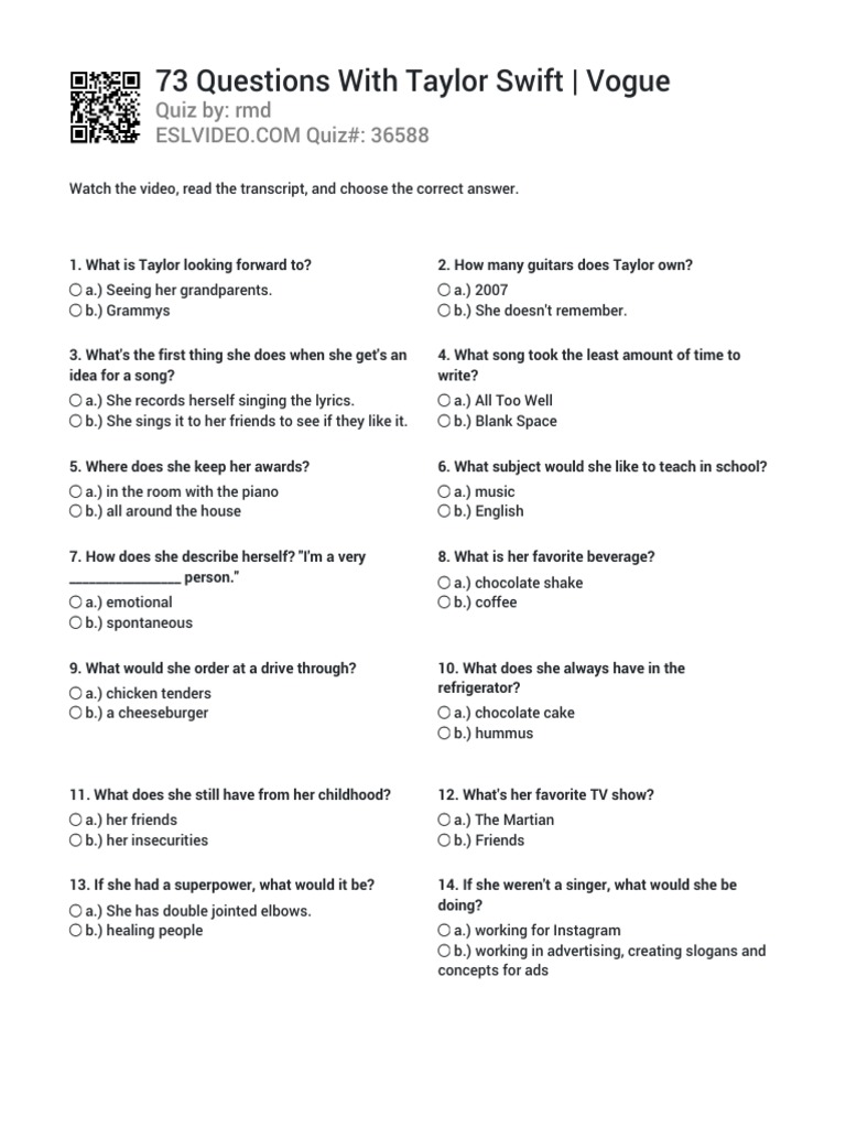 73 Questions With Taylor Swift - Vogue: Quiz By: RMD | PDF ...