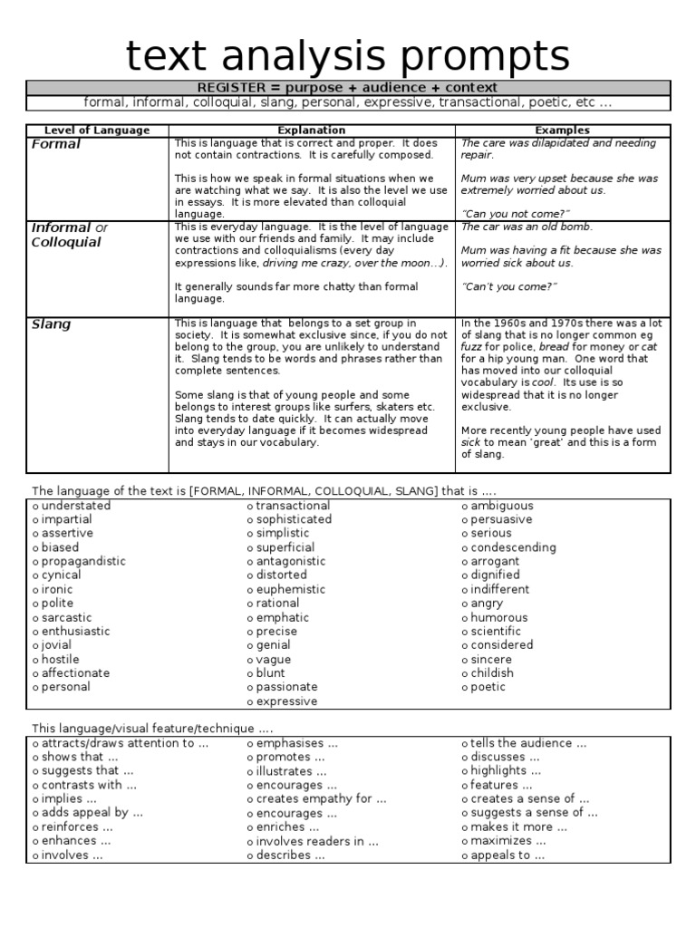 Text Analysis Language Levels Guide | PDF | Slang | Attention