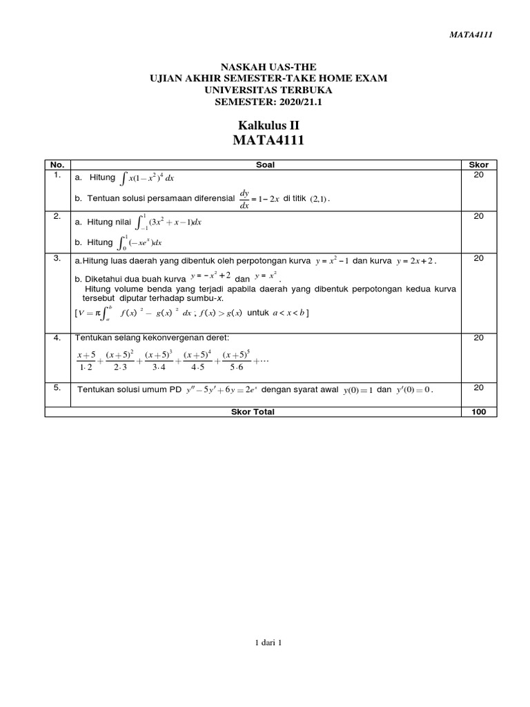 UAS Kalkulus II Universitas Terbuka | PDF | Metode & Bahan Ajar