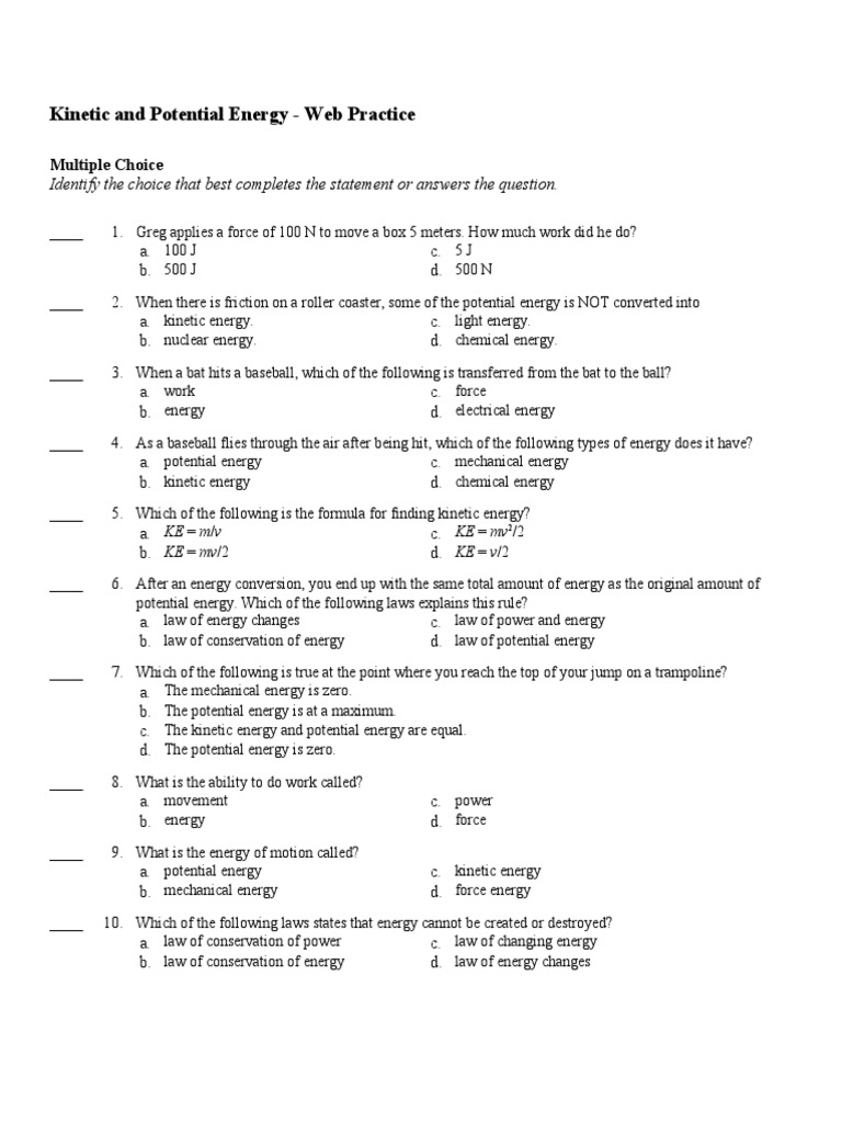 Kinetic and Potential Energy - Web Practice | PDF | Potential Energy ...