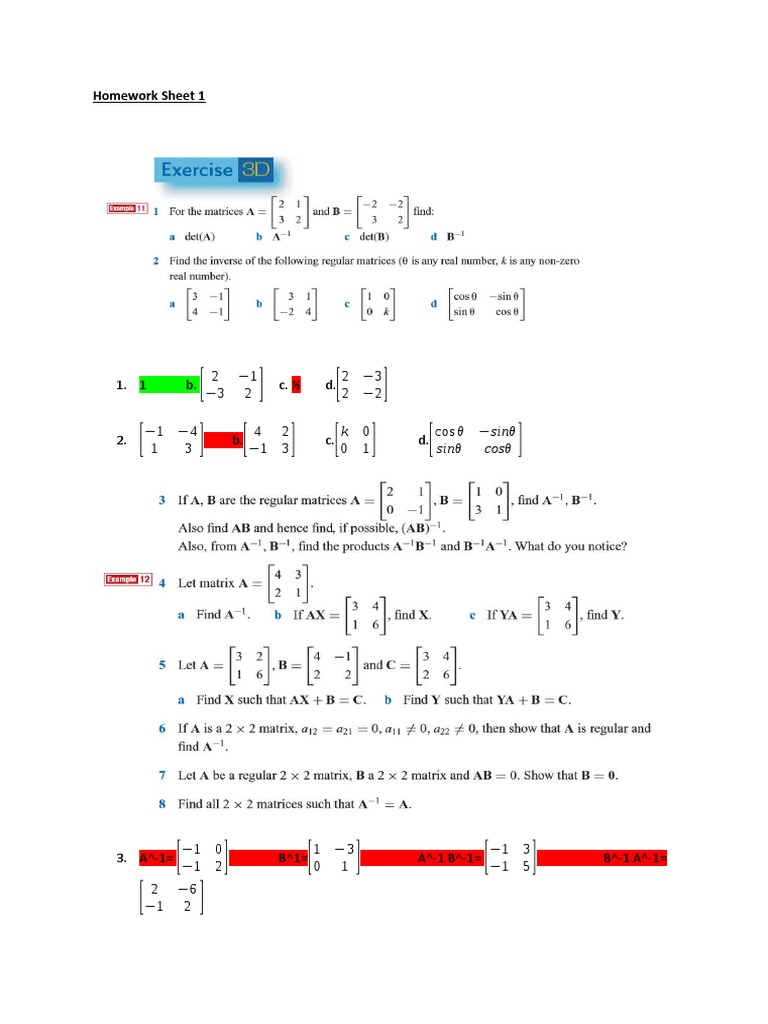 Homework Sheet 1 - Matrices (Inverses, Multiplication of Matrices and ...