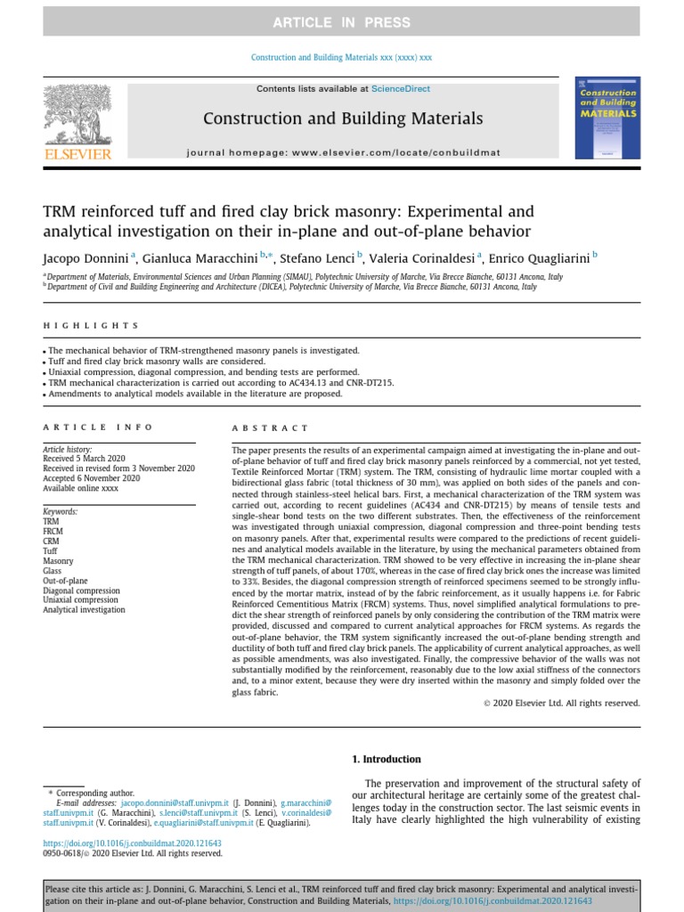 TRM Reinforced Tuff Fired Clay Brick Masonry In-Plane Out-Of-Plane ...