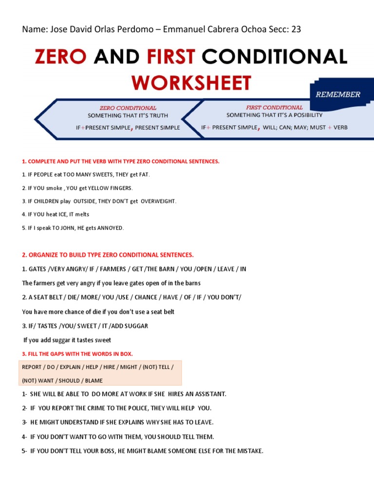 Zero And First Conditional Worksheet Printable Conditional Sentences,