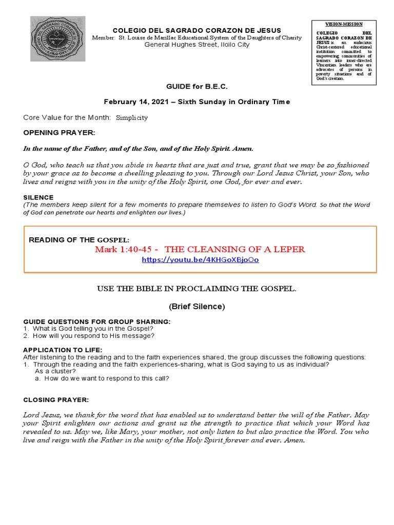 BEC Guide February 14 2021 Sixth Sunday in Ordinary Time | PDF ...