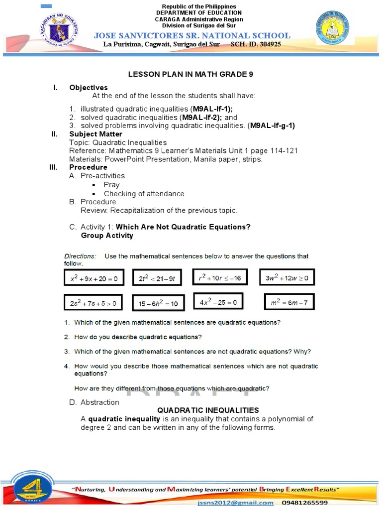 Jose Sanvictores Sr. National School: Lesson Plan in Math Grade 9 I ...