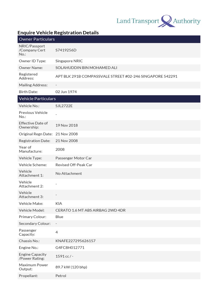 Enquire Vehicle Registration Details: Owner Particulars | PDF