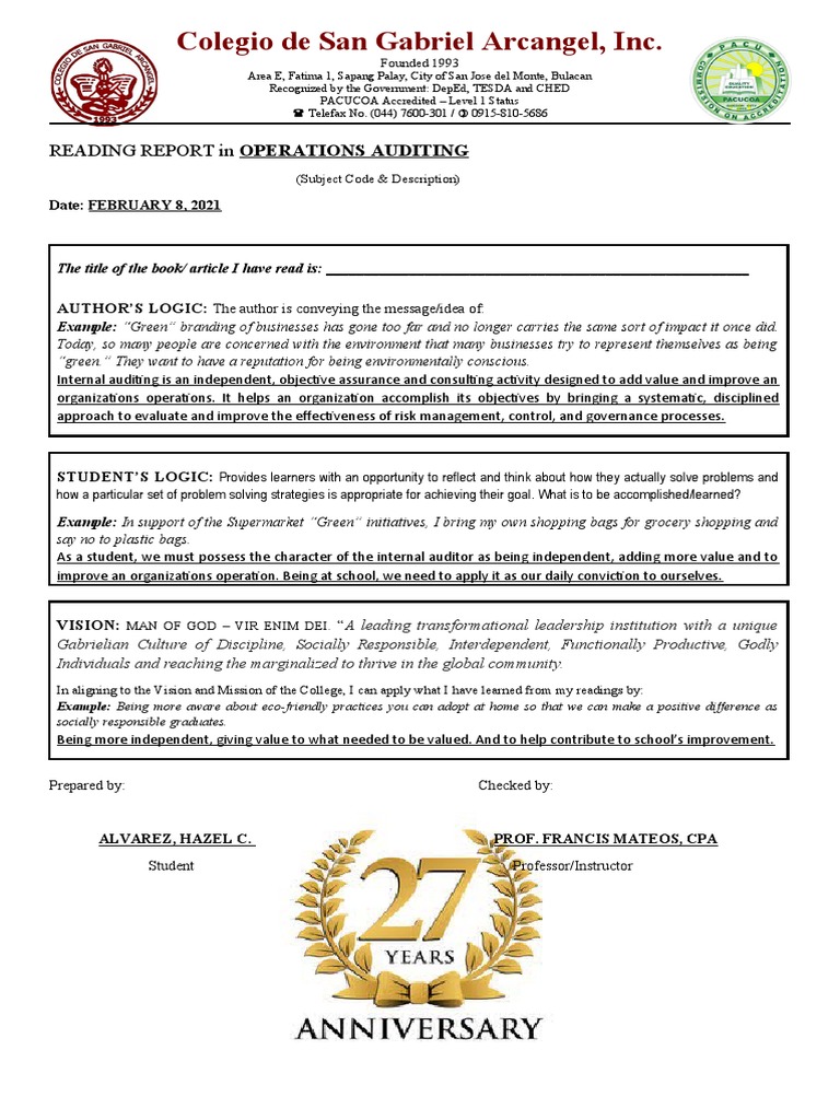 Reading Report in Operations Auditing | PDF | Internal Audit | Audit