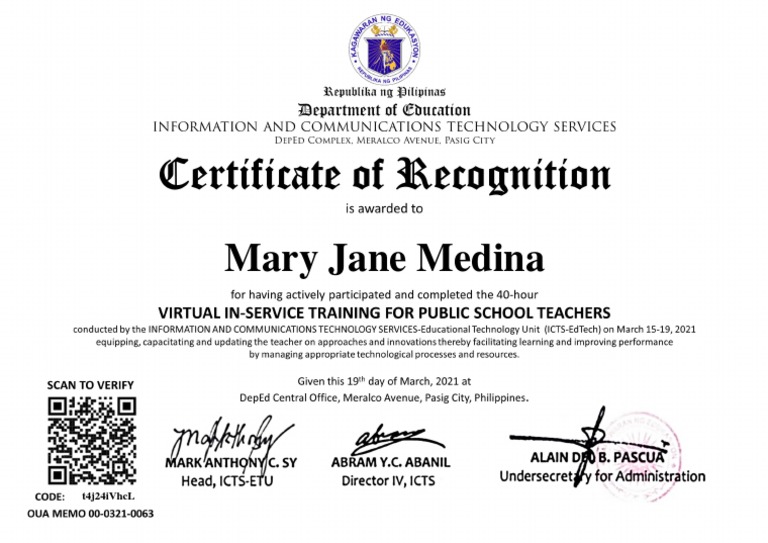 Virtual INSET Certificate of Recognition | PDF