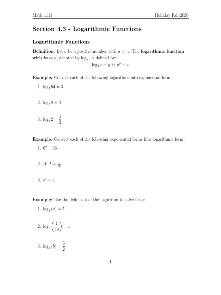 Math 1113 Section 4.3 Logarithmic Functions | PDF