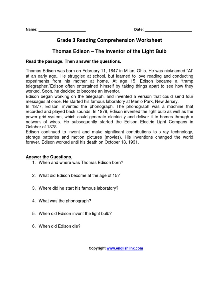 Grade 3 Reading Comprehension Worksheet: Thomas Edison - The Inventor ...