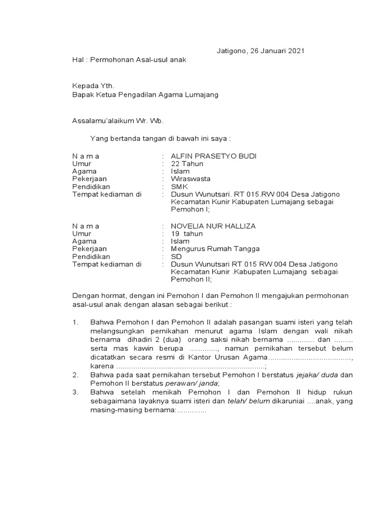 Permohonan Penetapan Asal Usul Anak | PDF | Hukum
