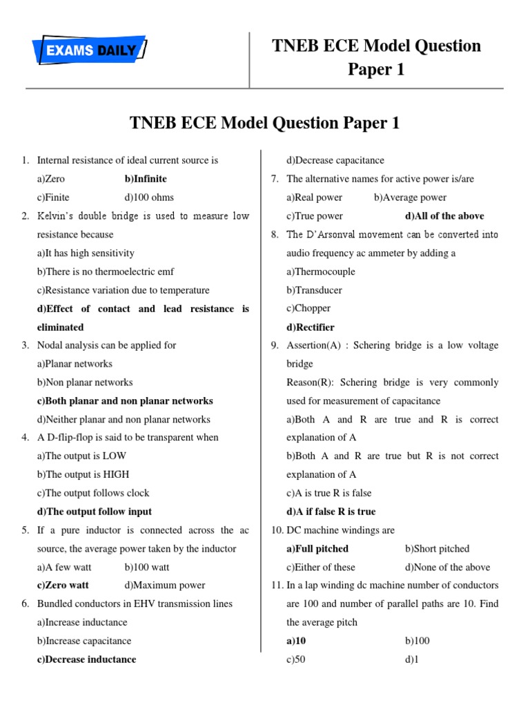 TNEB ECE Model Question Paper 1: B) Infinite | PDF