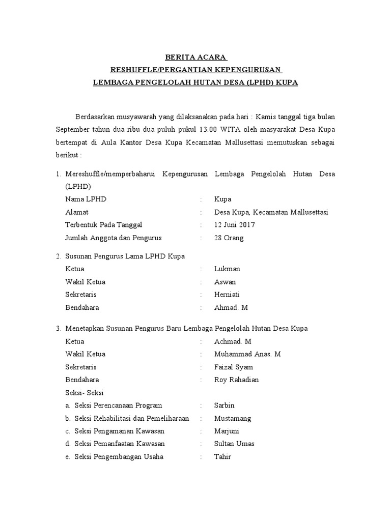 Berita Acara Reshuffle Kepengurusan LPHD Kupa | PDF