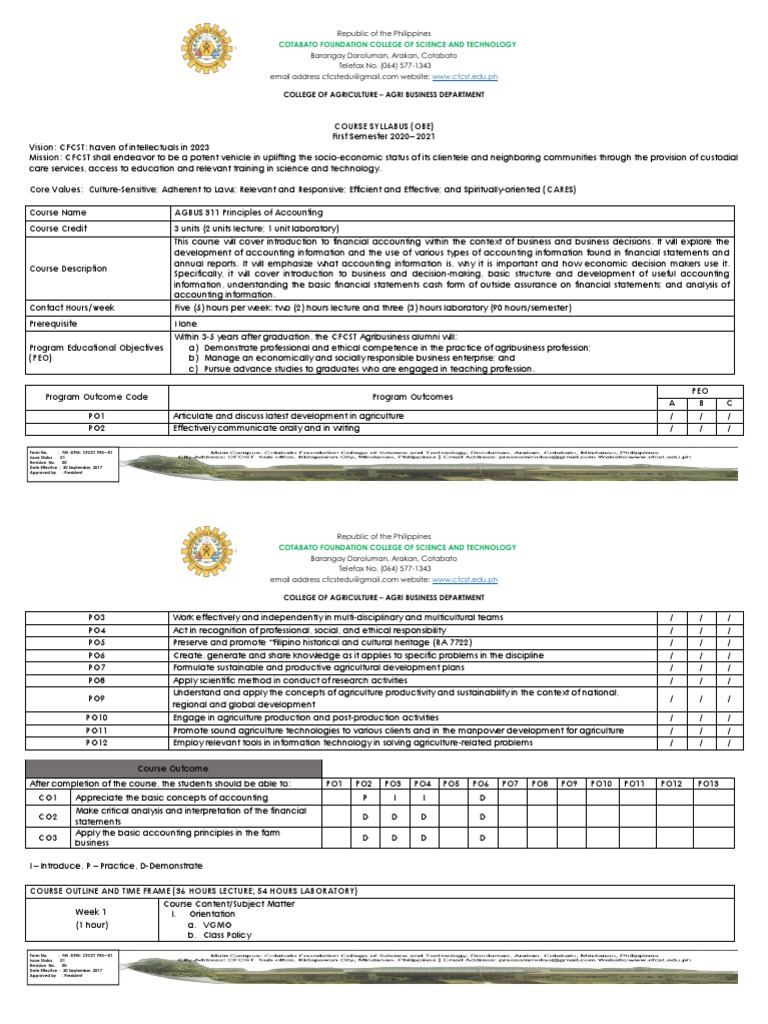 CFCST Agribusiness Accounting Course Syllabus | PDF | Science | Business