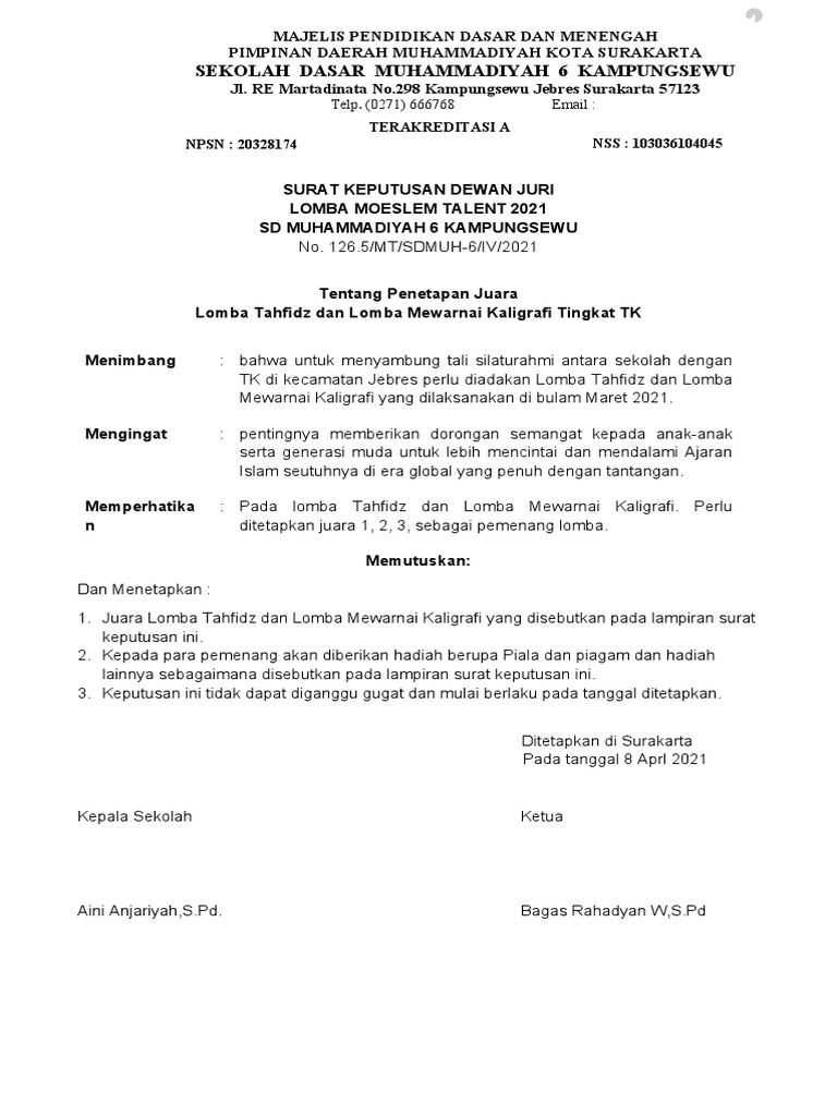 Surat Keputusan Penetapan Juara Lomba | PDF