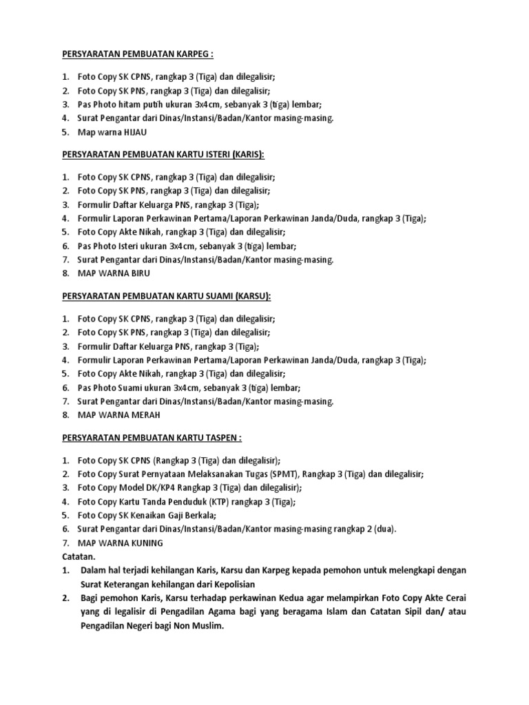 Persyaratan Pembuatan Karpeg dan Karis | PDF
