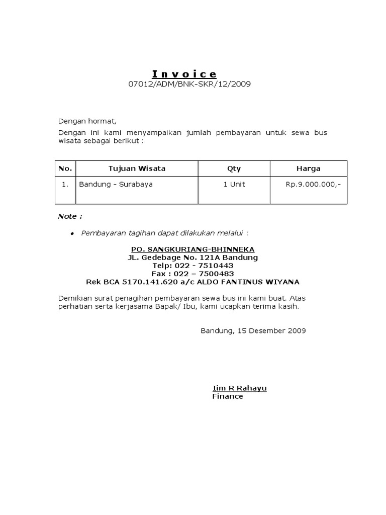 Invoice Sewa Bus Wisata 2009 | PDF