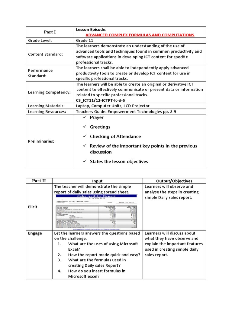 Lesson Episode:: Advanced Complex Formulas and Computations | PDF ...