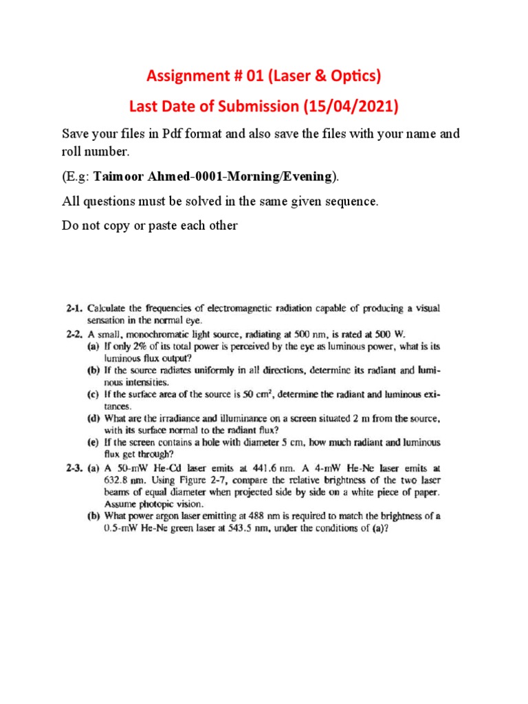 Assignment # 01 Laser and Optics | PDF