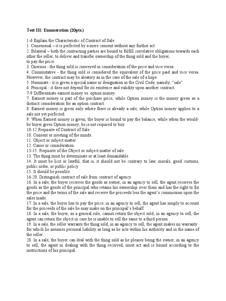 Test III: Enumeration (20pts.) | PDF | Law Of Agency | Option (Finance)