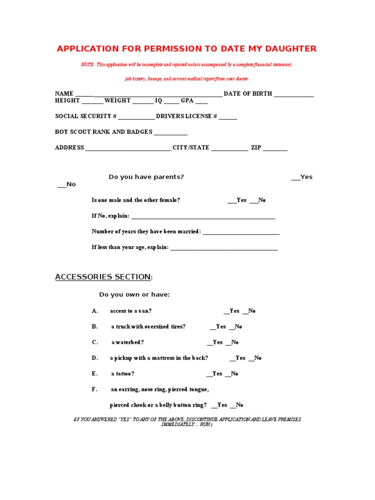 Application For Permission To Date My Daughter | PDF