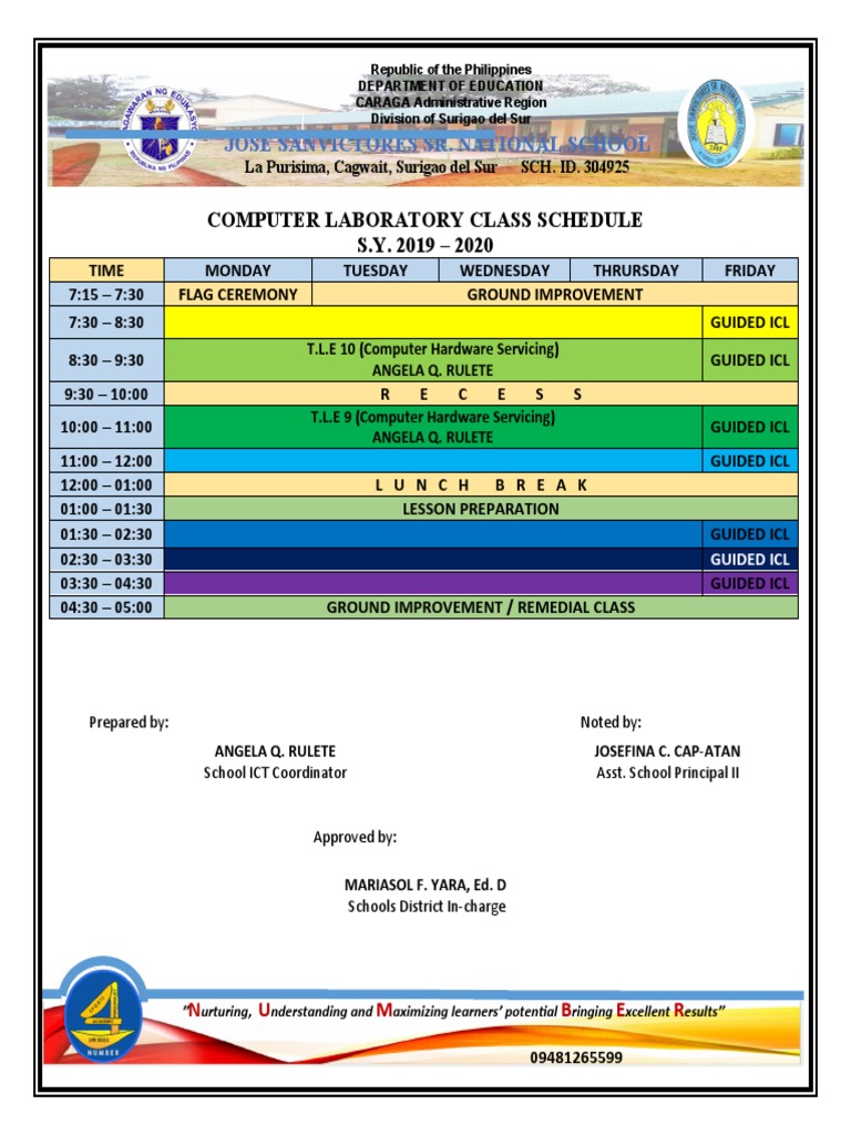 Computer Laboratory Class Schedule S.Y. 2019 - 2020: Jose Sanvictores ...