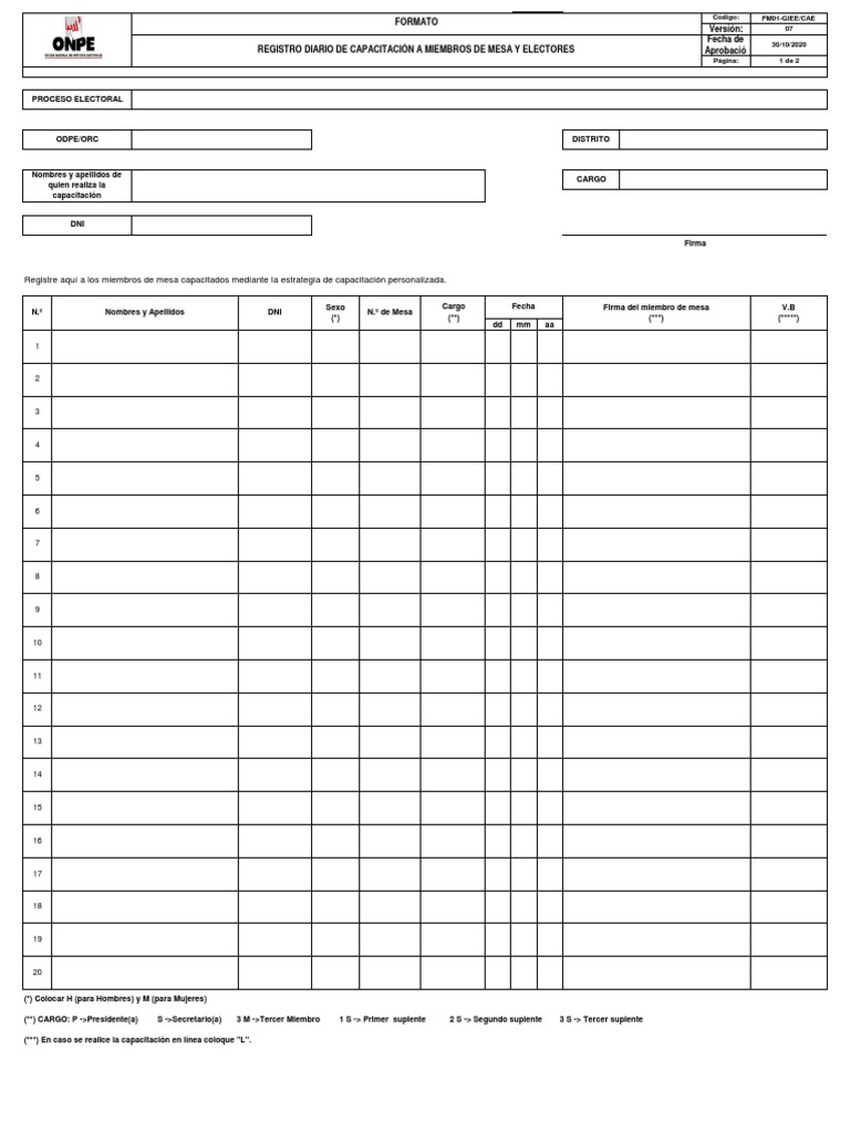 FM01-GIEE-CAE Registro Diario de Capacitacion A MM - V07 | PDF