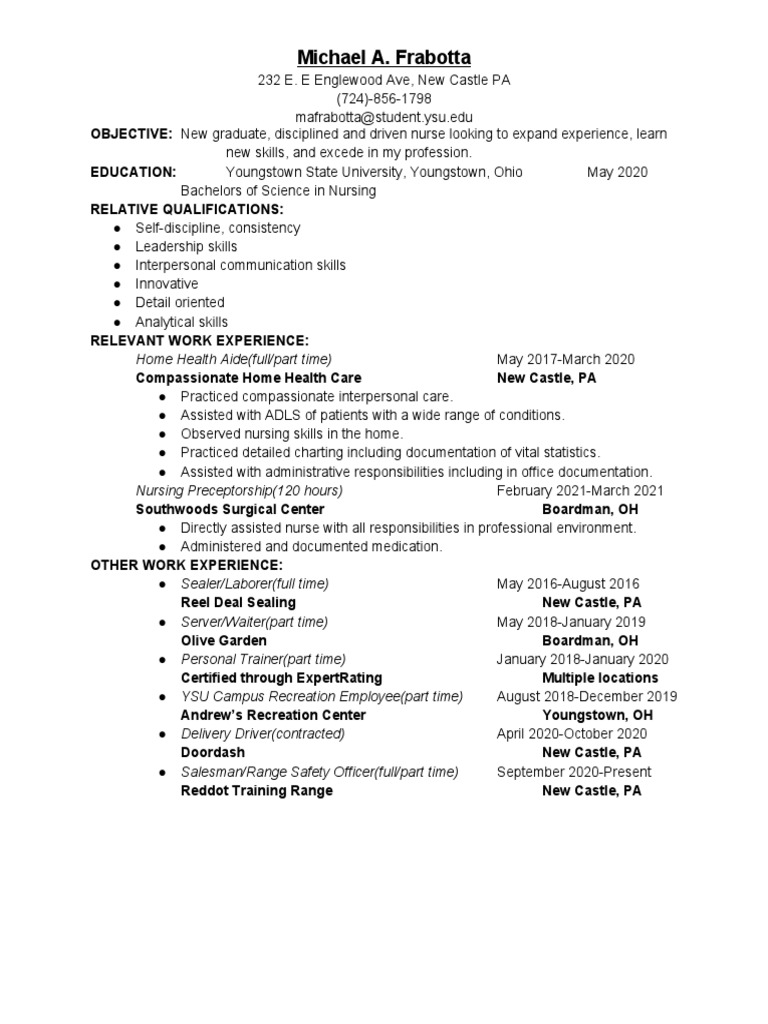 Michael Frabotta Resume 1 | PDF | Nursing | Health Care