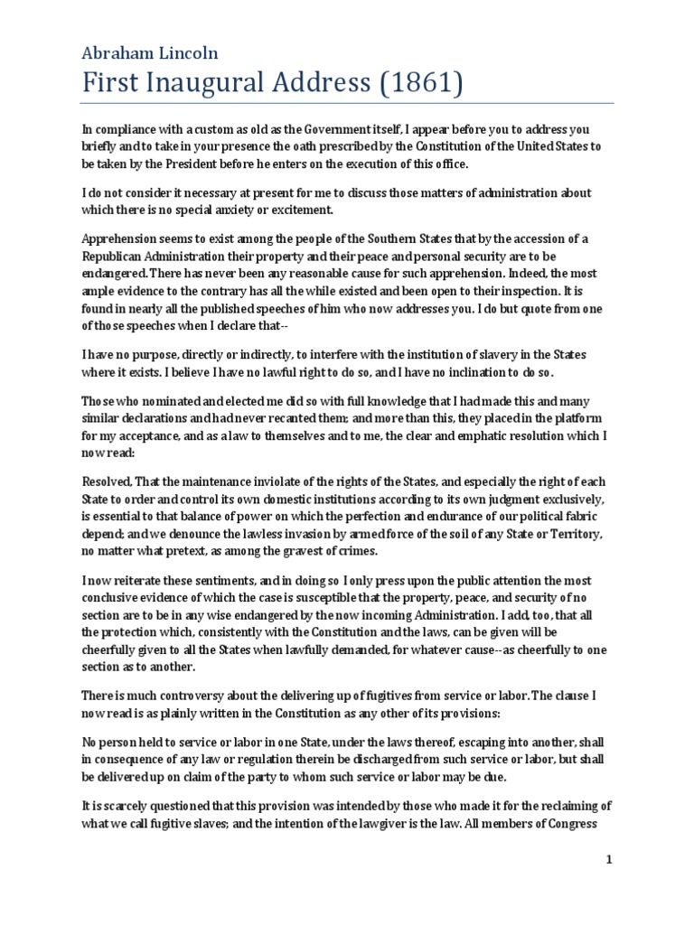 Lincoln's First Inaugural Address | PDF | Secession In The United ...