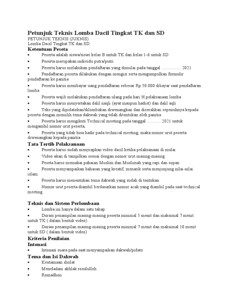 Petunjuk Teknis Lomba Dacil Tingkat TK Dan SD | PDF