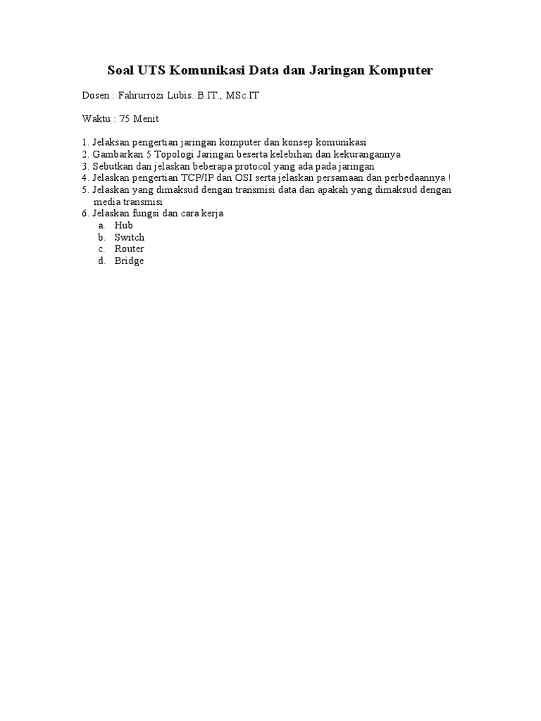 Soal UTS Komunikasi Dan Jaringan Komputer | PDF