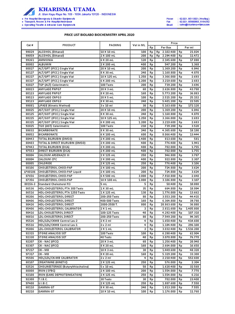 Price List Biolabo Biochemistry April 2020 | PDF | High Density ...