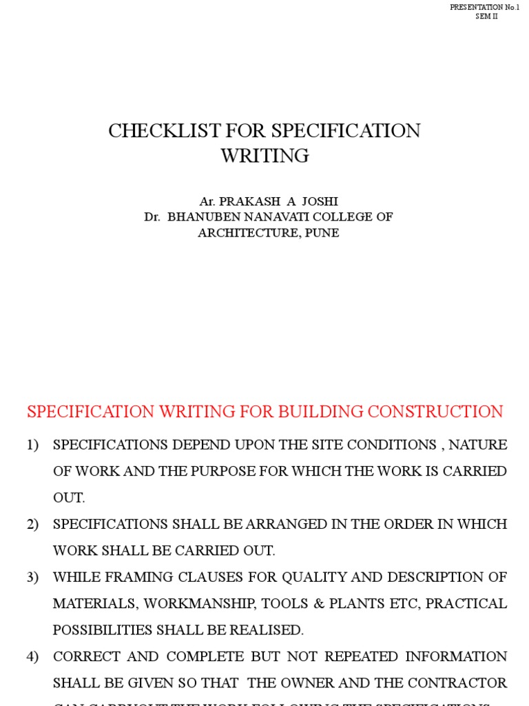 1 - Checklist For Specification Writing For Building Construction | PDF ...
