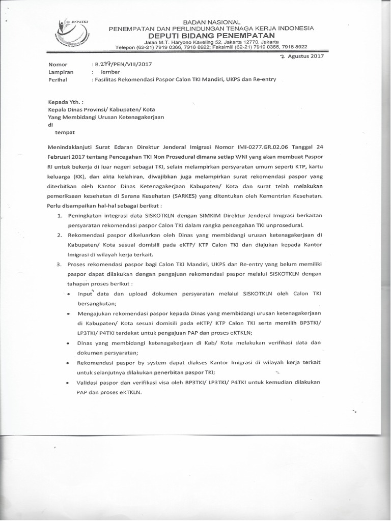 Surat Rekomendasi Paspor Tkimand Ukps Reent | PDF