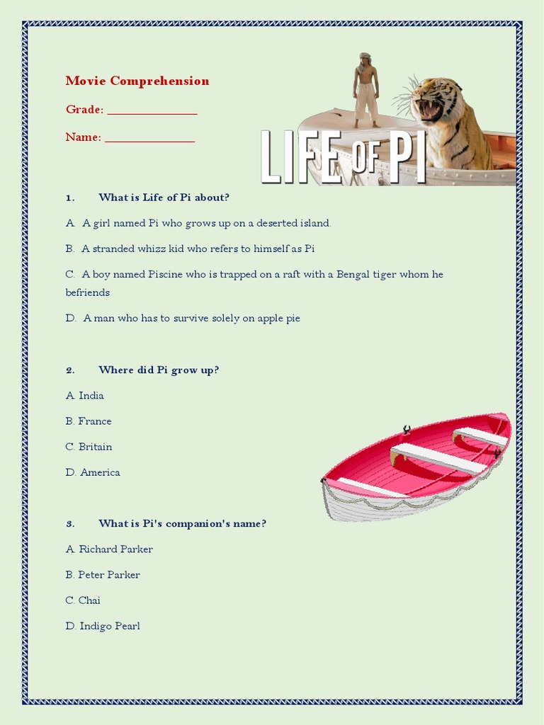 Life of Pi Quiz Worksheet | PDF