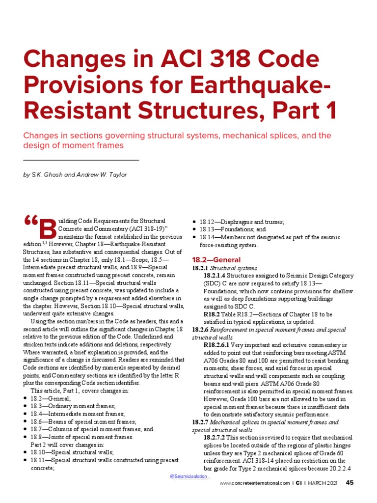 Changes in ACI 318 Code Provisions For Earthquake Resistant Structures ...