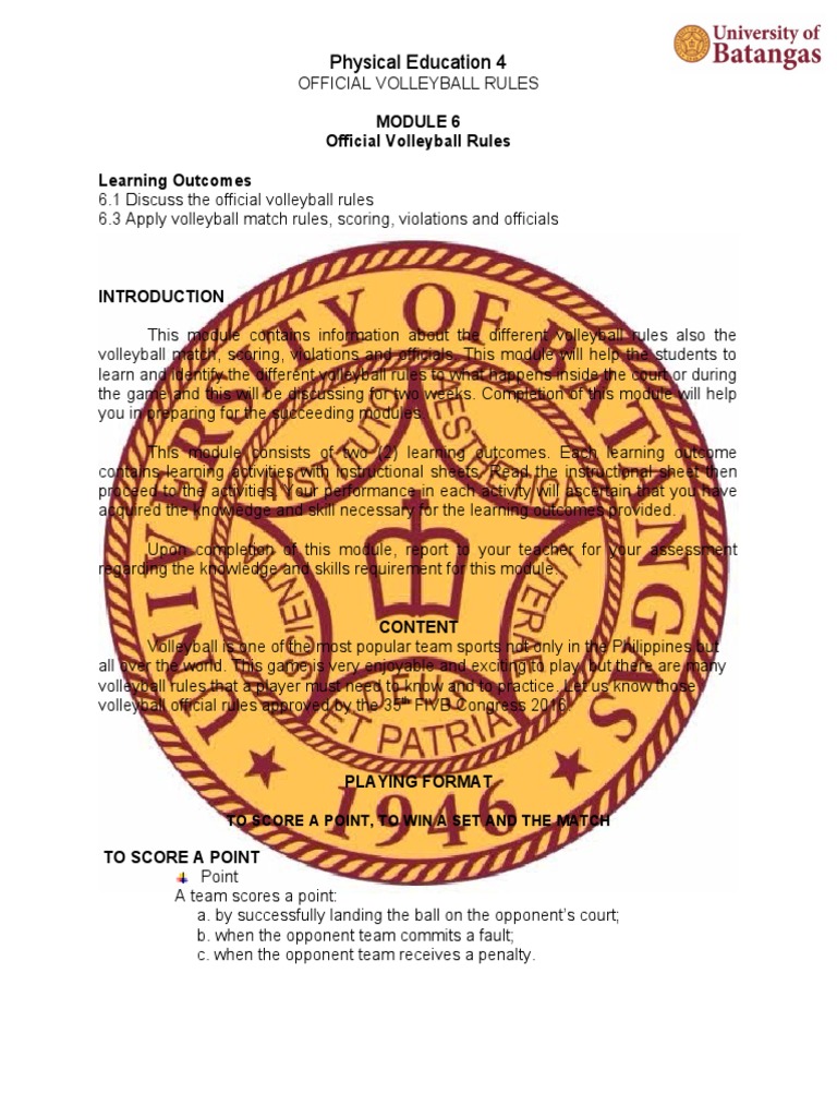 PE4 Module 6 TO UPLOAD | PDF | Volleyball | Sports